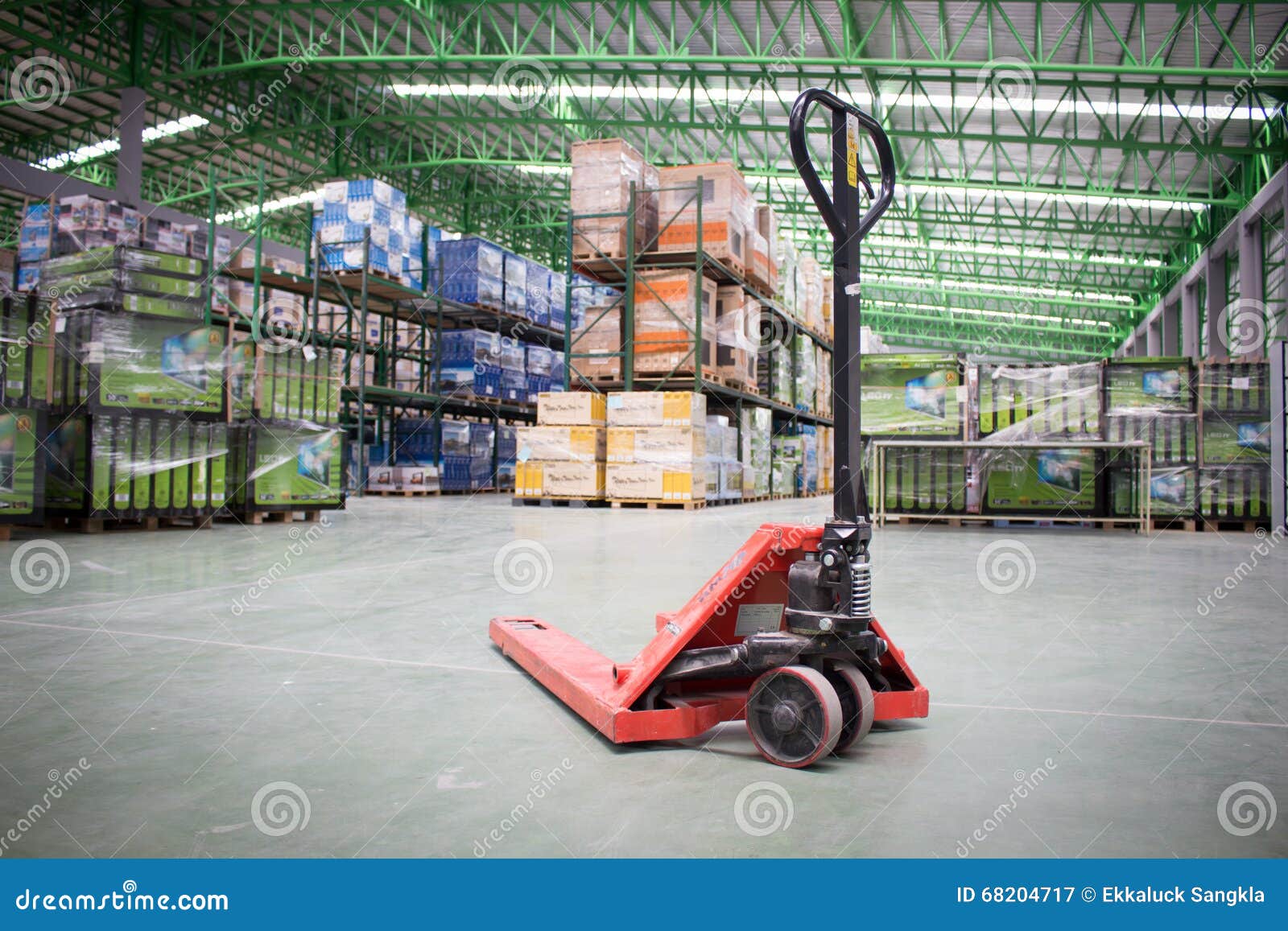 Hand Pallet Jack With Stacked Of Package Boxes On Pallet Rack Waiting ...