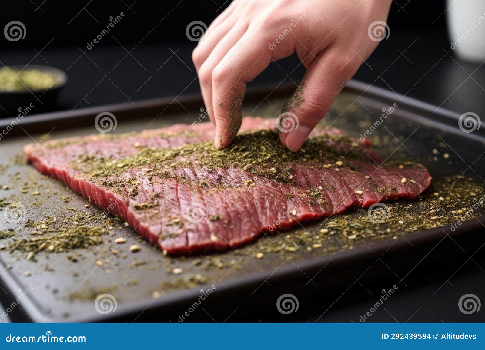 Hand Patting Dry Herb Rub on Beef Steak Stock Illustration ...