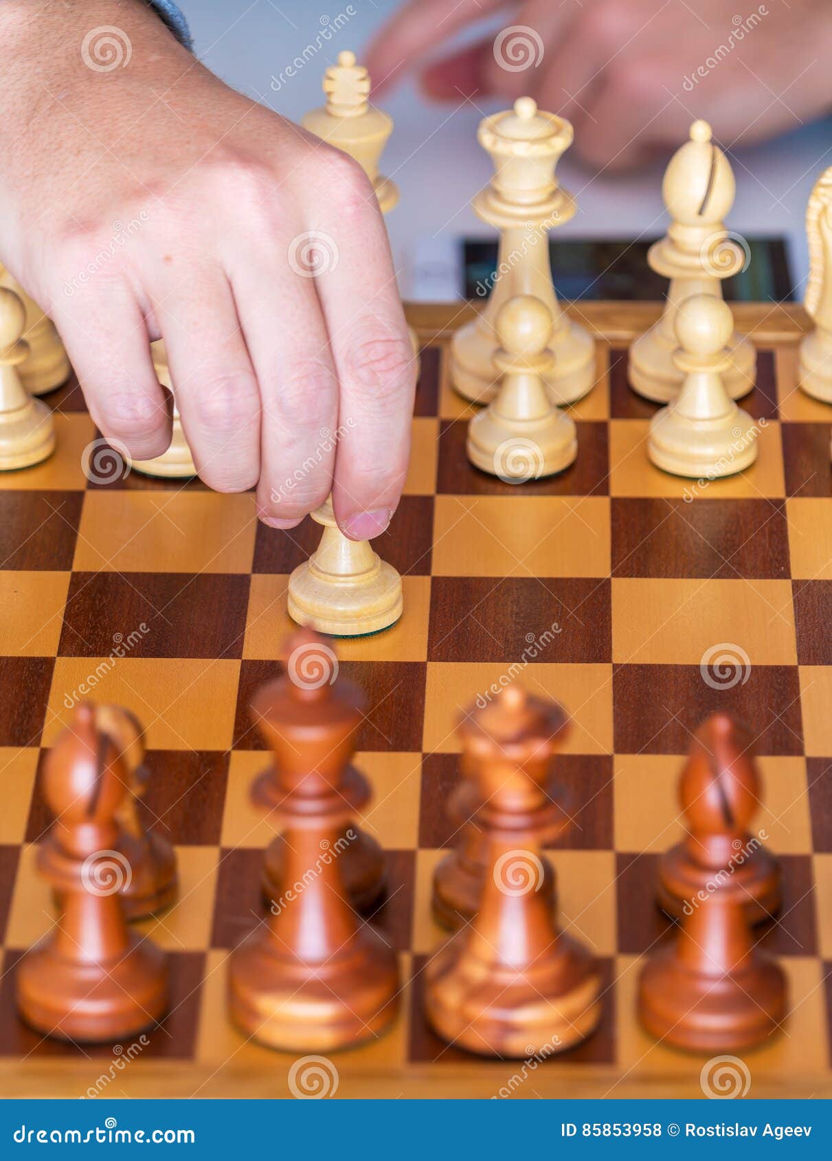 Hand with Pawn Makes First Move on Chess Board Stock Photo - Image of ...