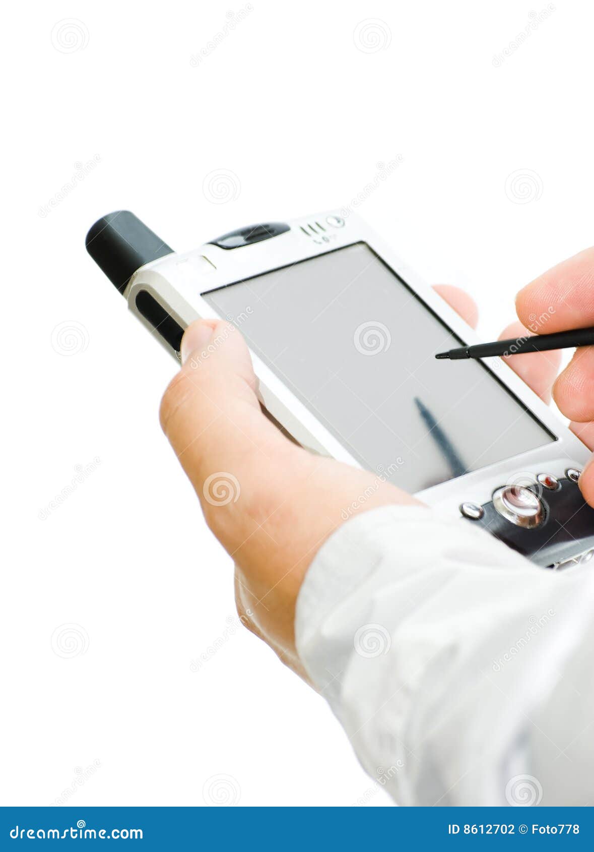 Hand with PDA isolated stock photo. Image of keypad, device - 8612702