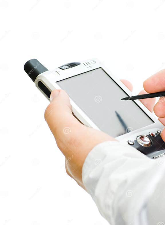 Hand with PDA isolated stock photo. Image of keypad, device - 8612702