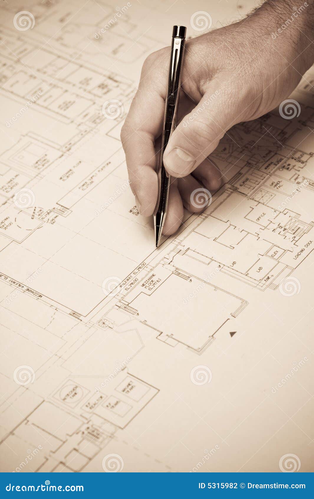 Hand with Pen on a Blueprint Stock Photo - Image of concept, plan: 5315982