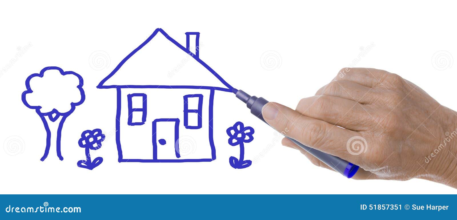 Hand with Pen Drawing House and Tree Stock Image - Image of door ...