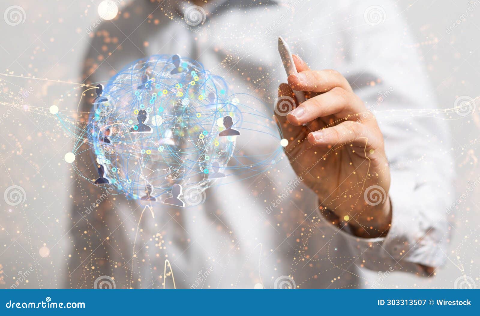 Hand with a Pen Pointing at a Network with Linked Dots and Profile ...