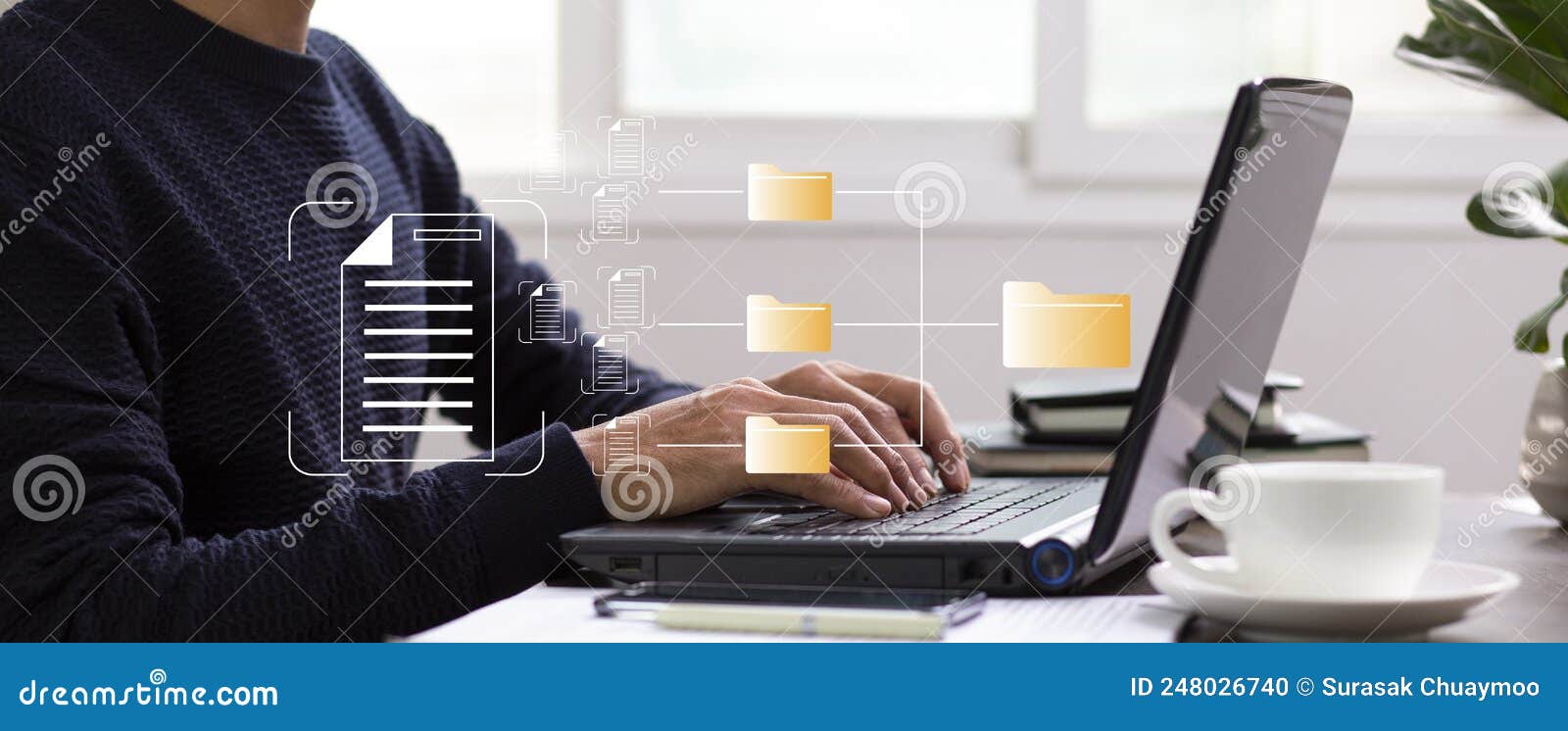 Document Management System with People Working on Laptop at Workplace ...