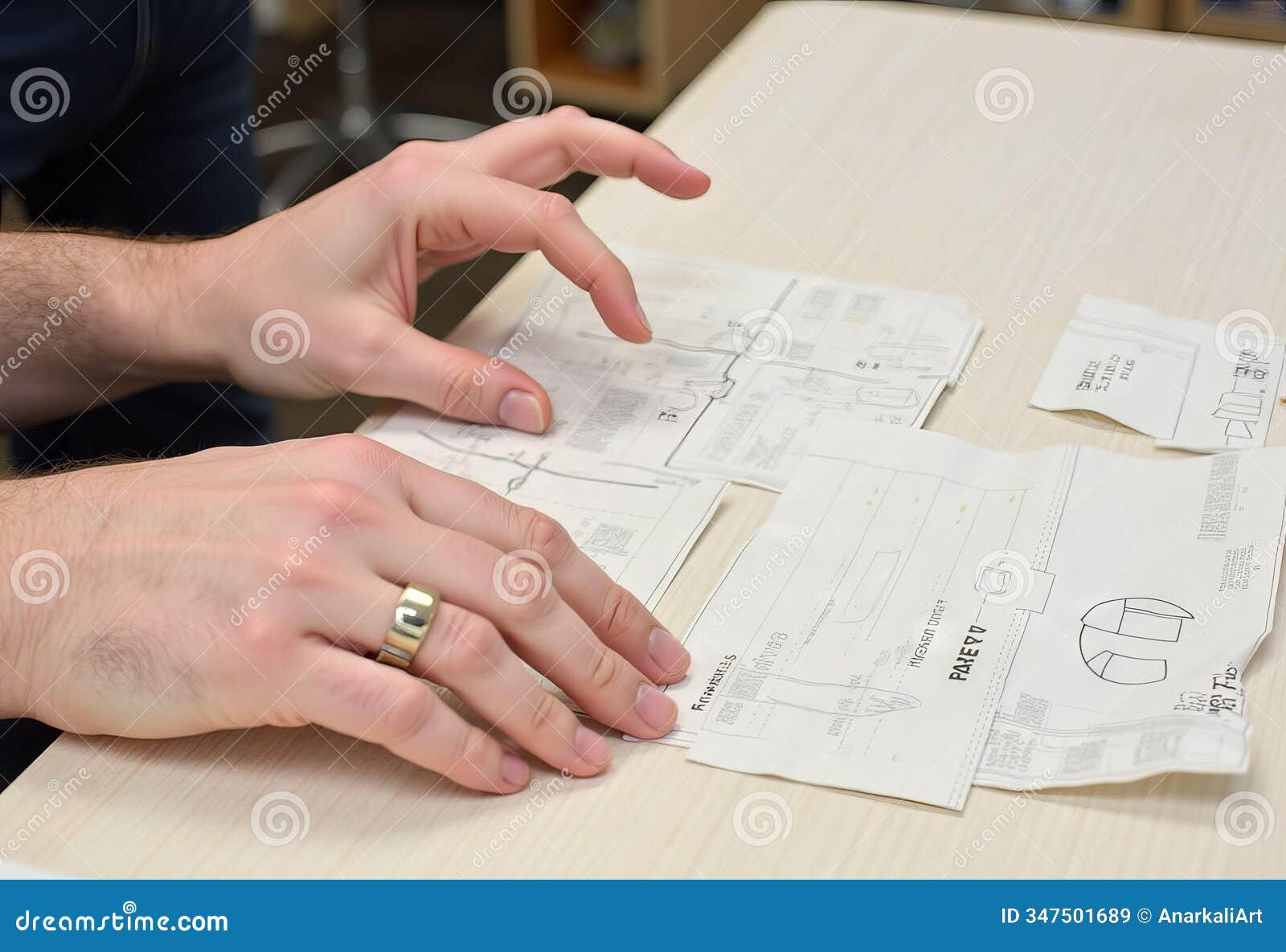 Hands Reviewing Technical Drawings on Table Stock Illustration ...