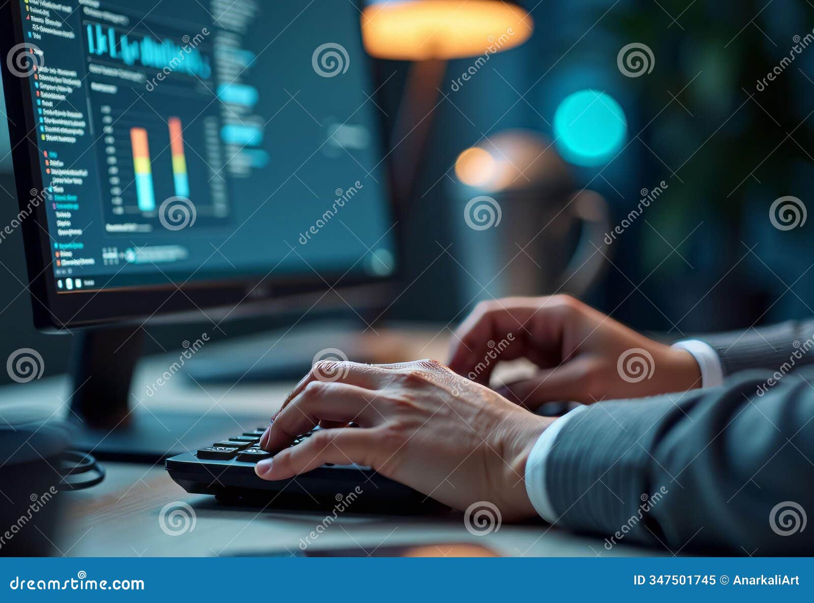 Typing on Keyboard with Data Visualizations in Dim Office Stock ...