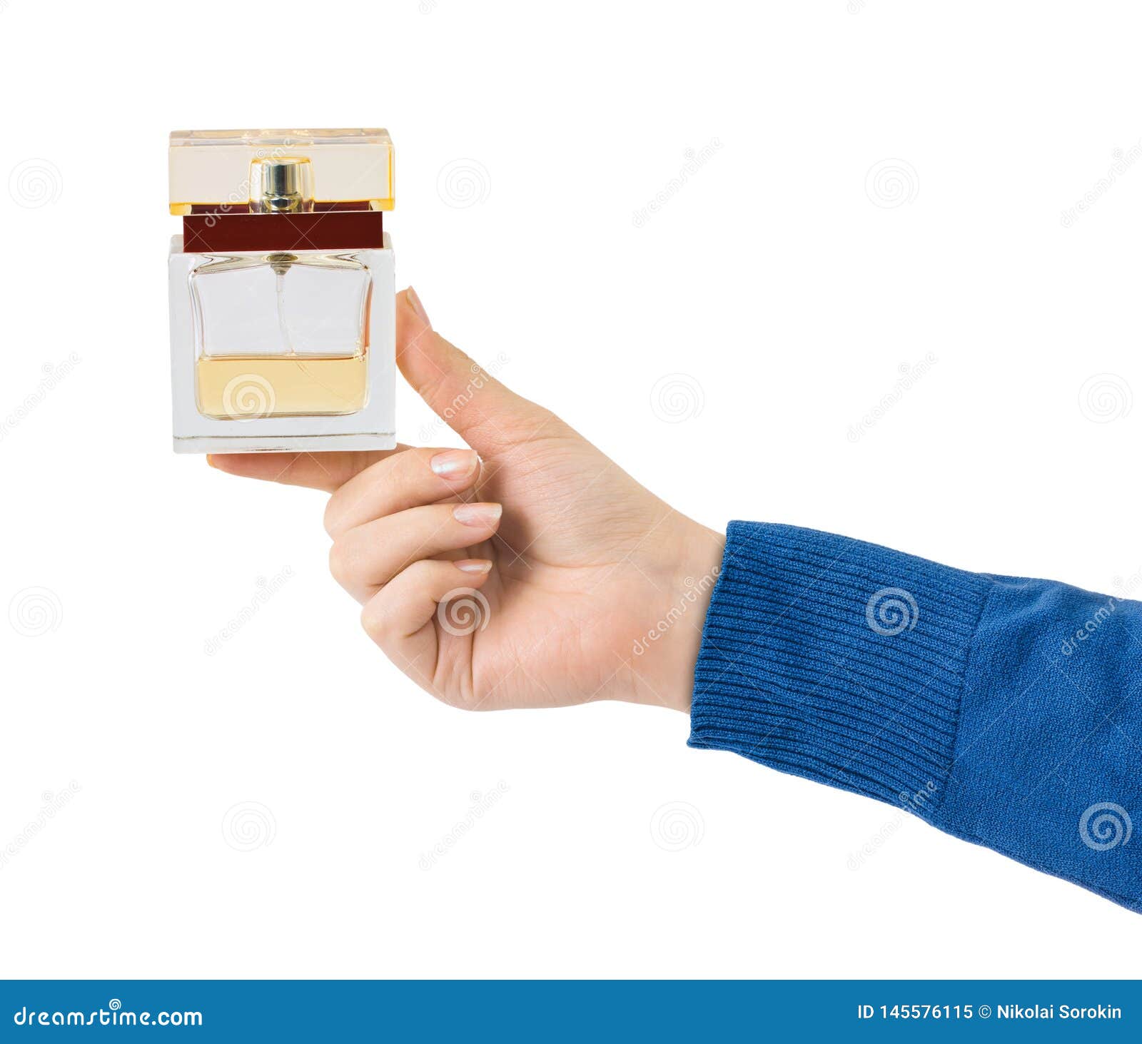 Hand with perfume stock image. Image of cologne, blank - 145576115