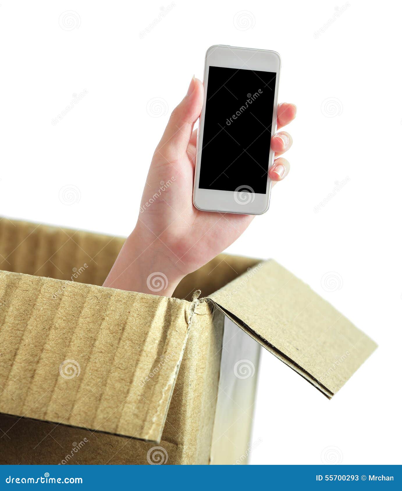 Hand with phone out of box stock image. Image of packaging - 55700293