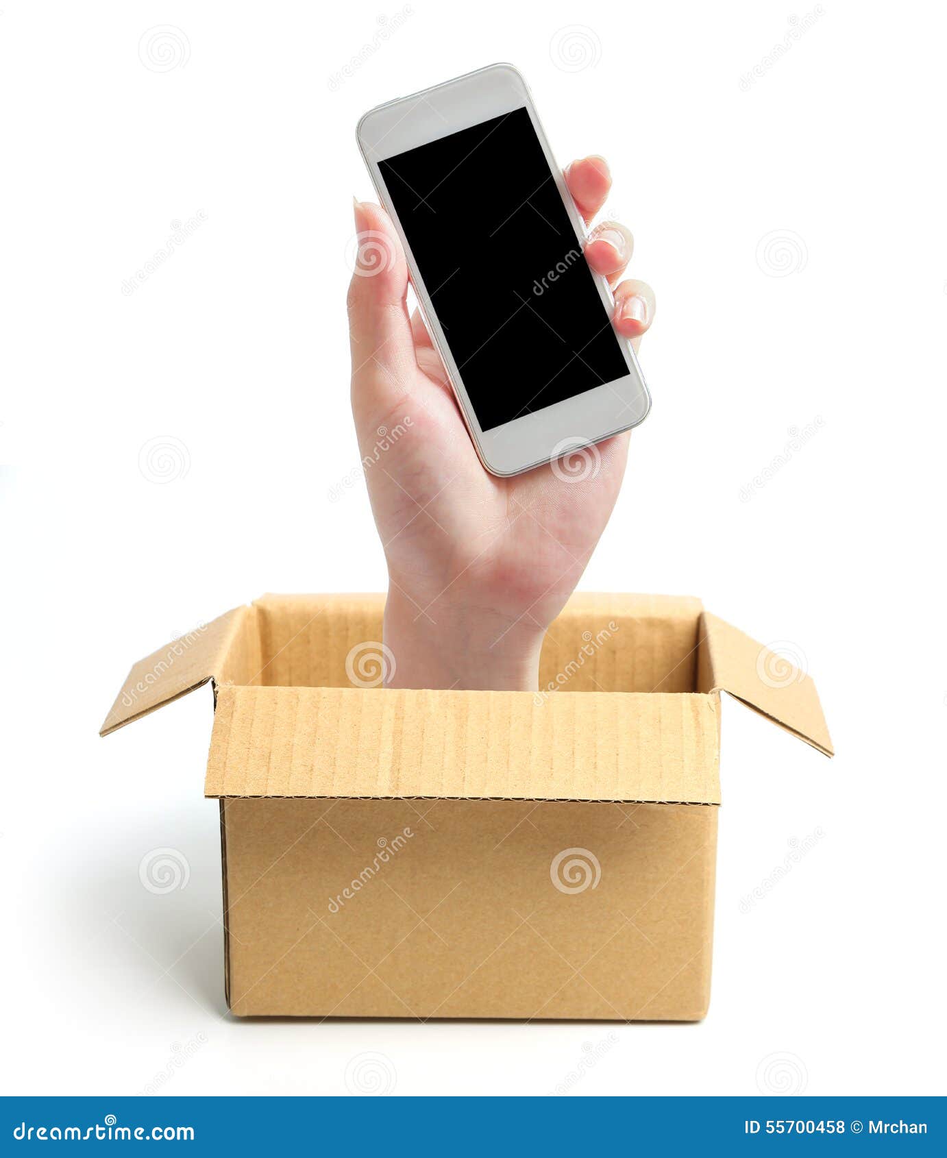 Hand with phone out of box stock photo. Image of finger - 55700458