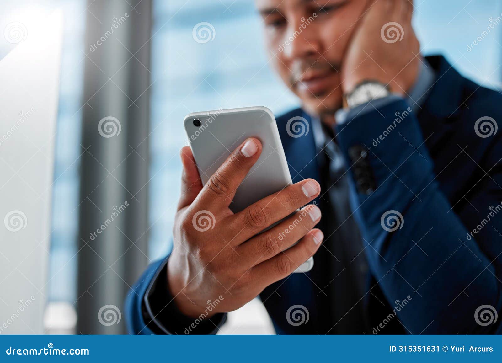 Hand, Phone and Text Message with Business Man in Office for ...