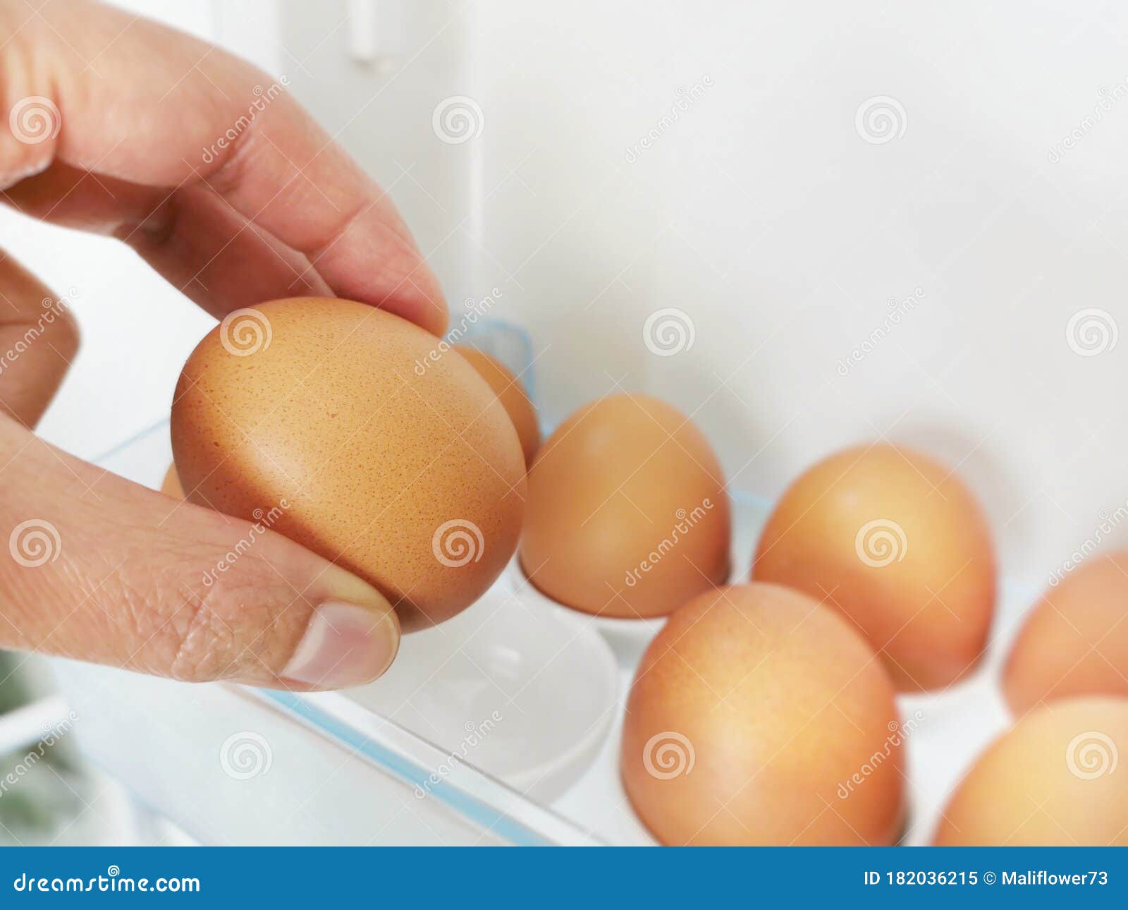 Hand Pick Chicken Egg from the Refrigerator Tray with Copy Space on the ...