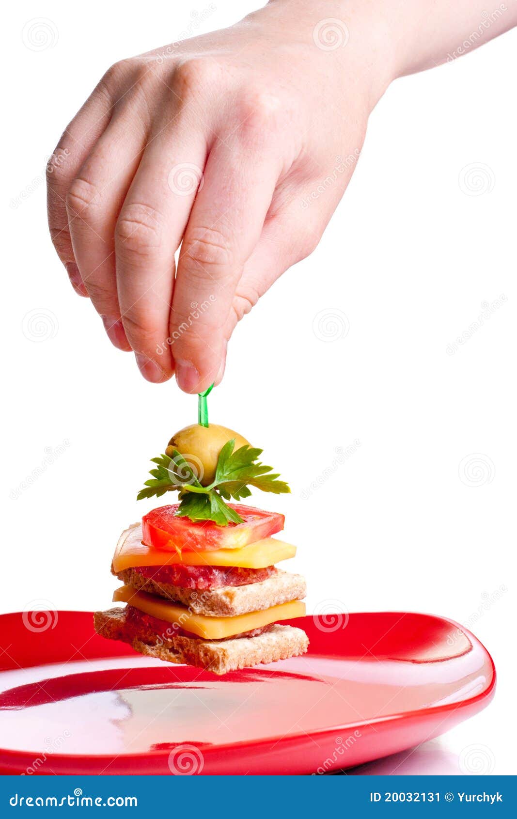Hand Picking Appetizer Sandwich from Red Plate Stock Image - Image of ...