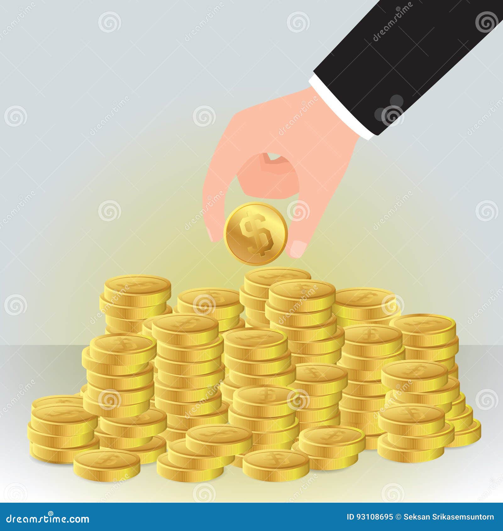 Hand is picking gold coins stock vector. Illustration of gold - 93108695