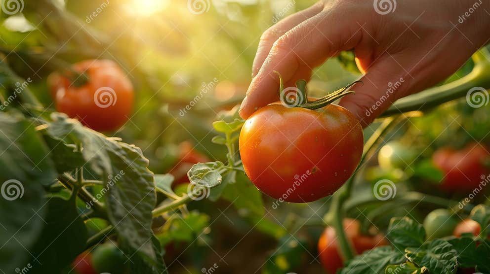 Hand Picking Tomato in Garden Stock Photo - Image of growth ...