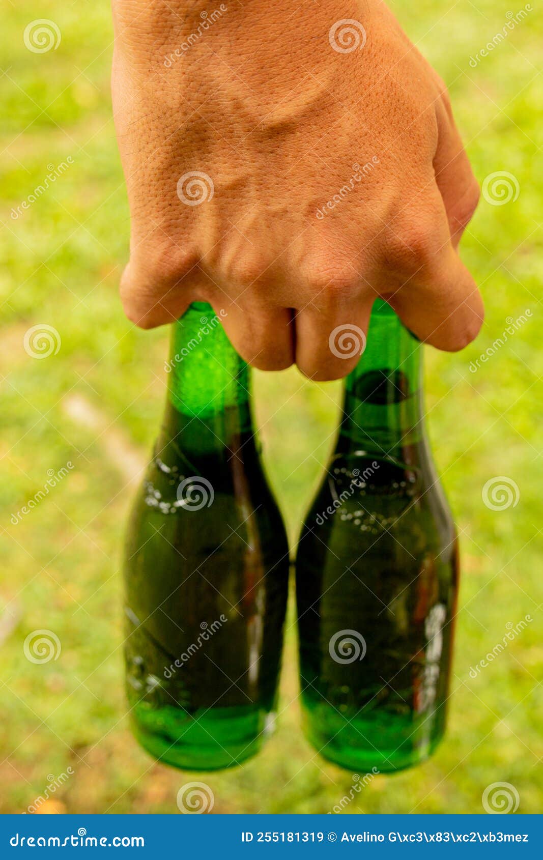 Hand Picking Up Two Green Bottles of Beer or Cider To Start a Party ... Hand Picking Up Two Green Bottles of Beer or Cider To Start a Party ...