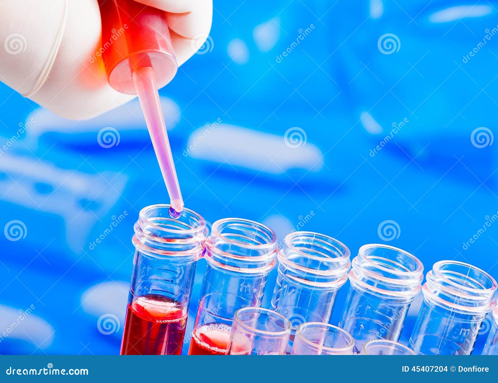 Hand with Pipette on Test Tubes with Red Liquid in Laboratory Stock ...