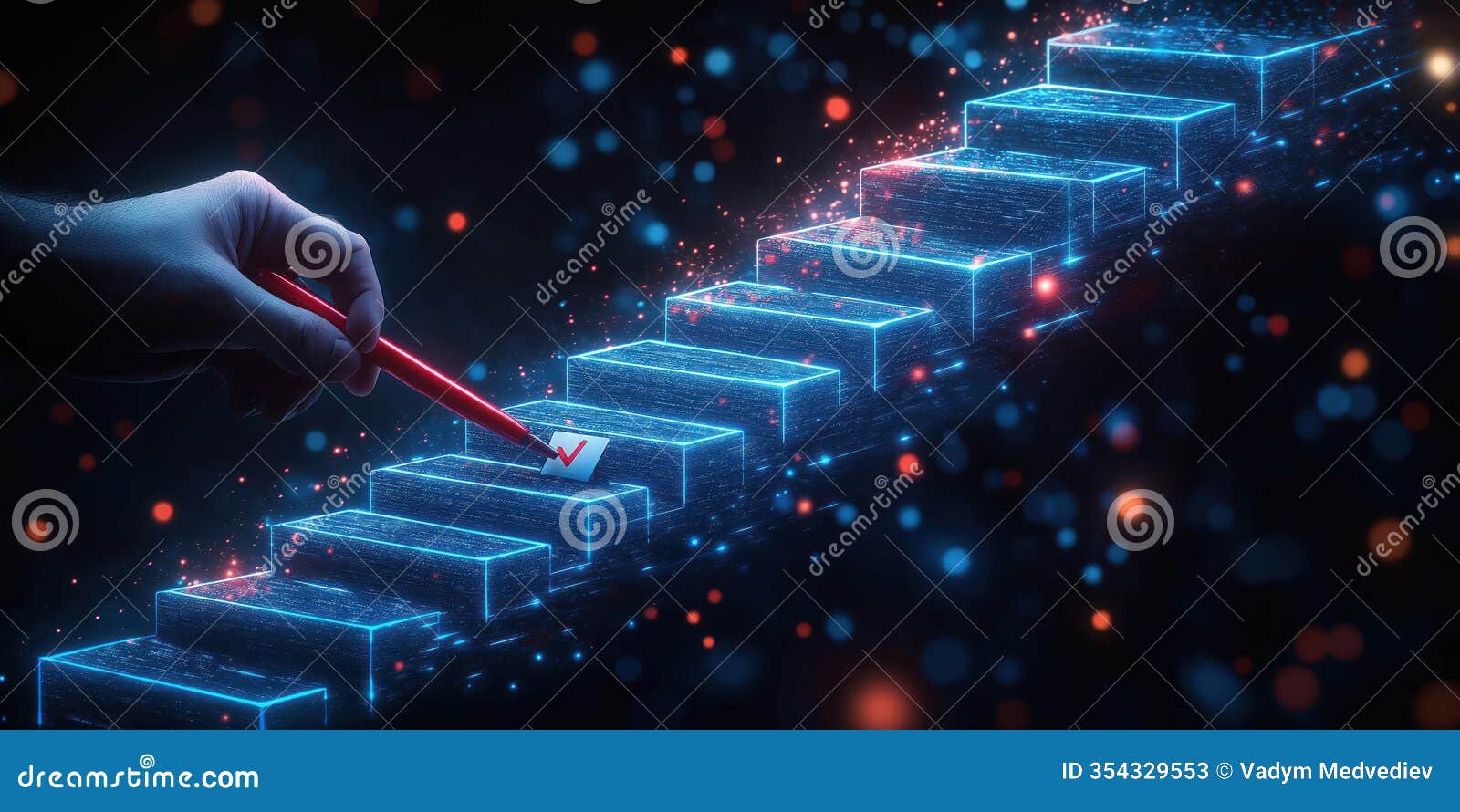 Hand Places Checkmark On Digital Stairway. Modern Tech Illustration ...