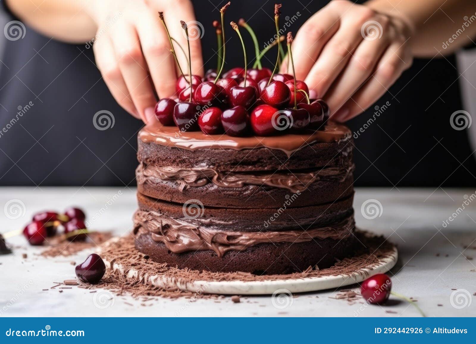 Hand Placing a Cherry on Top of a Chocolate Cake Stock Illustration ...