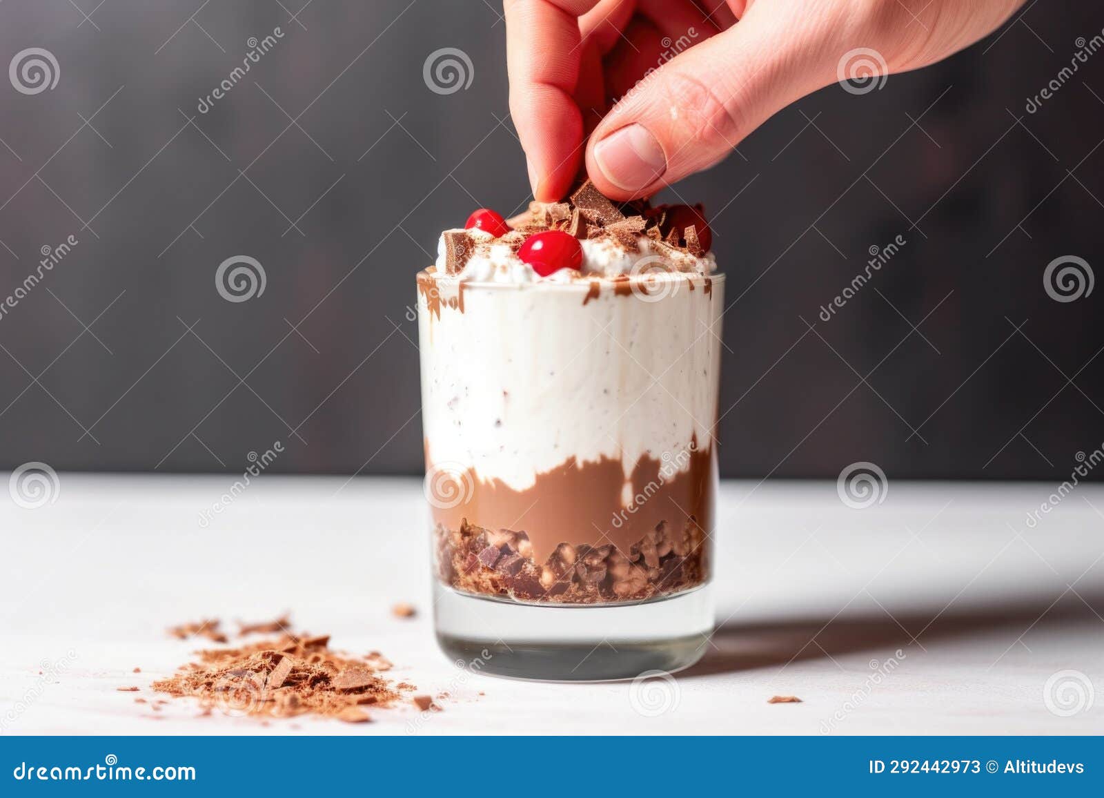 Hand Placing a Cherry on Top of a Whipped Cream Covered Chocolate Shake ...