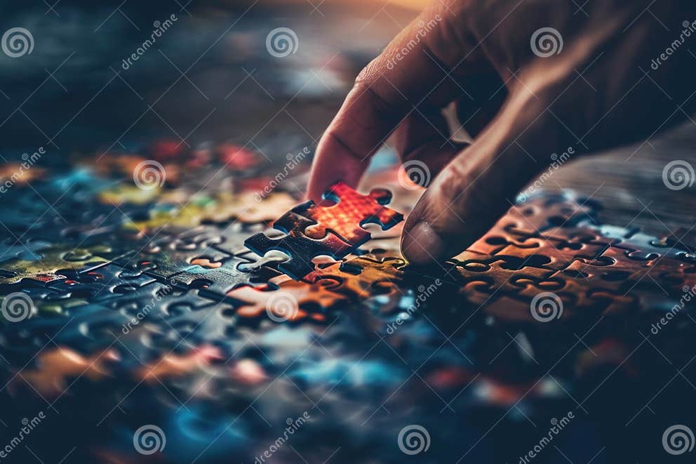 Hand Placing Final Piece into Colorful Puzzle for Completing Challenge ...