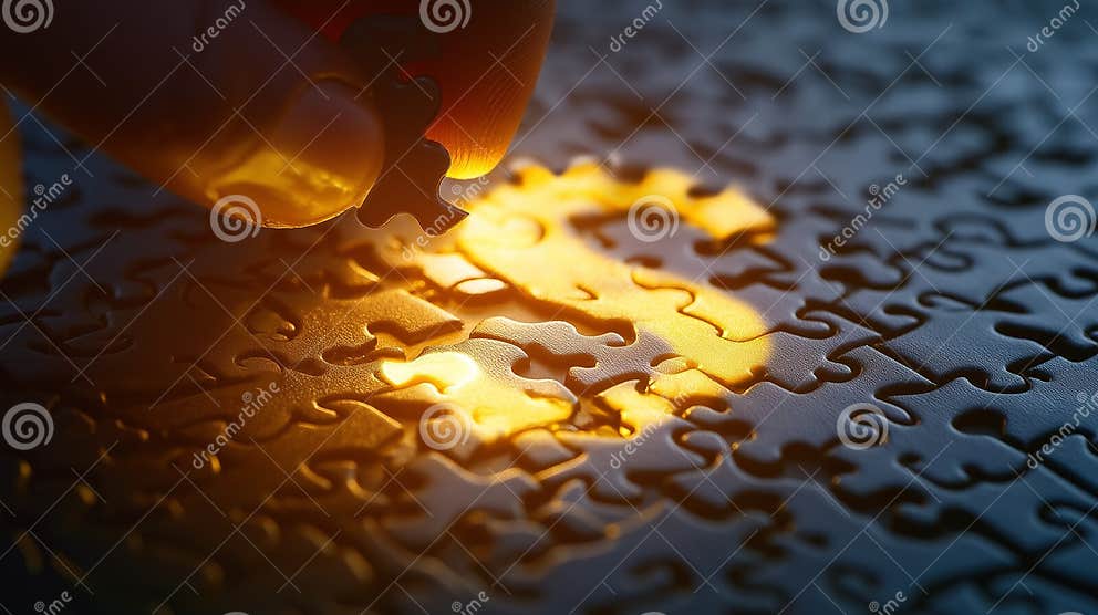 Hand Placing the Final Piece in a Puzzle of Financial Symbols Stock ...