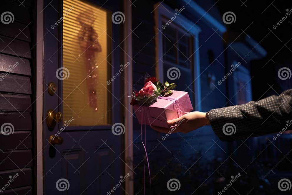 A Hand Placing a Gift Box on a Doorstep at Night Stock Photo - Image of ...