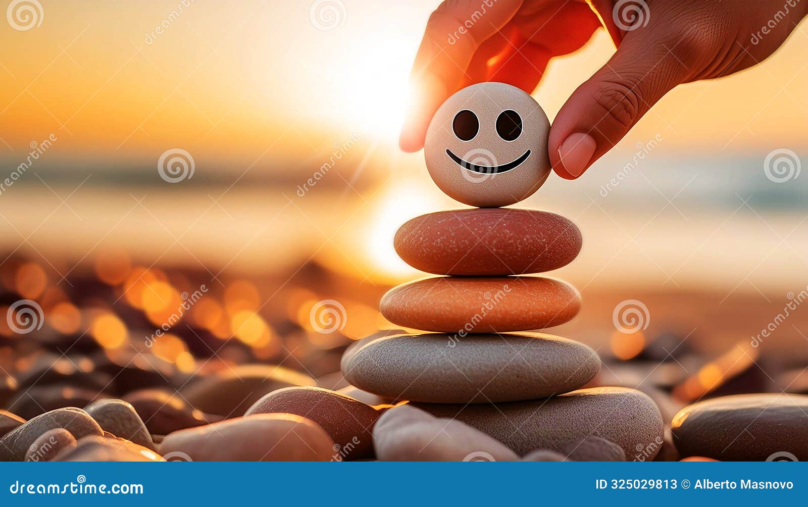 Hand Placing a Pebble with Smiling Face on Top of a Stack of Pebbles ...