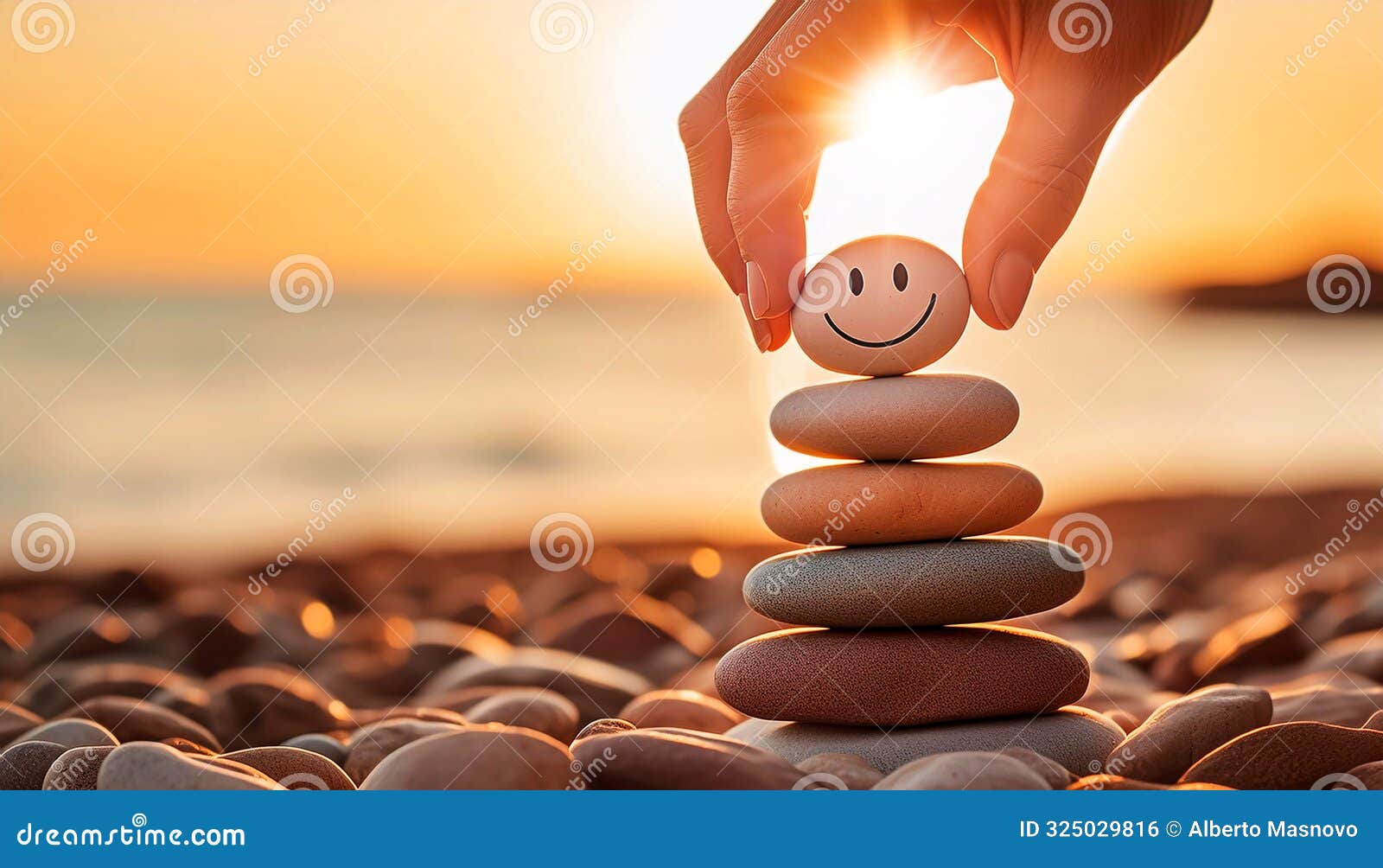 Hand Placing a Pebble with Smiling Face on Top of a Stack of Pebbles ...