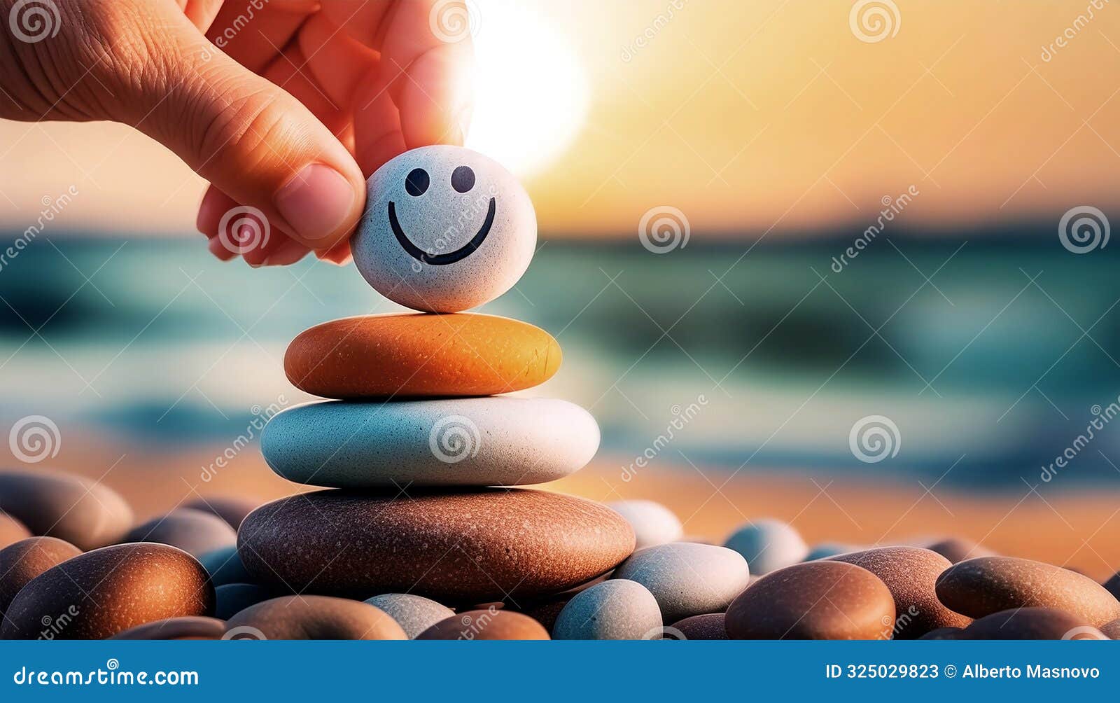 Hand Placing a Pebble with Smiling Face on Top of a Stack of Pebbles ...