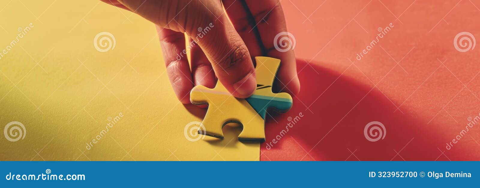 Hand Placing a Puzzle Piece on a Yellow and Red Background. Concept of ...