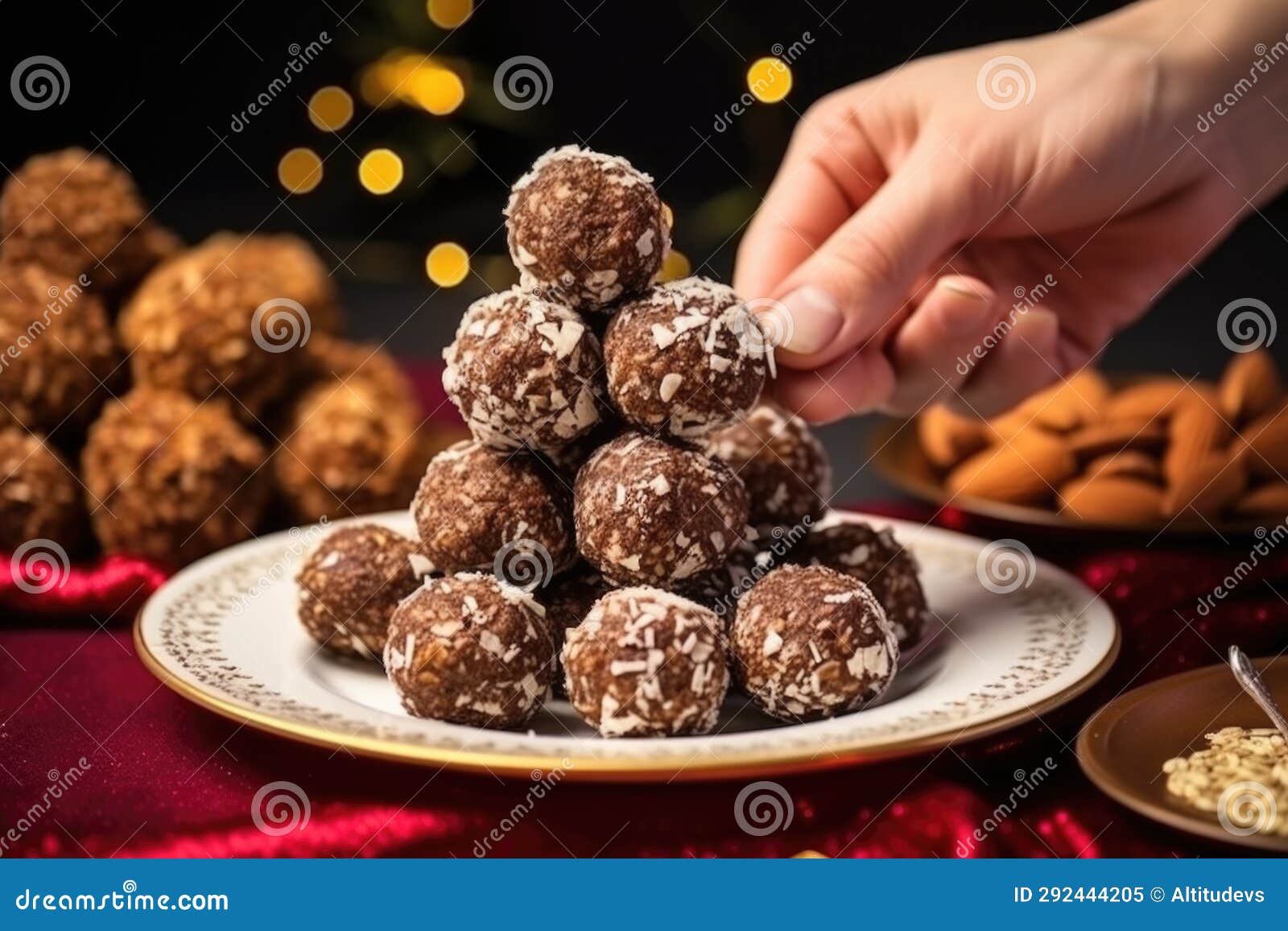 Hand Placing a Stack of Date and Nut Balls on a Festive Plate Stock ...