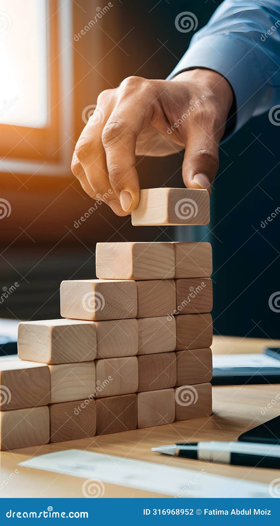 Hand Placing Wooden Block on Stack, Symbolizing Growth and Progress in ...