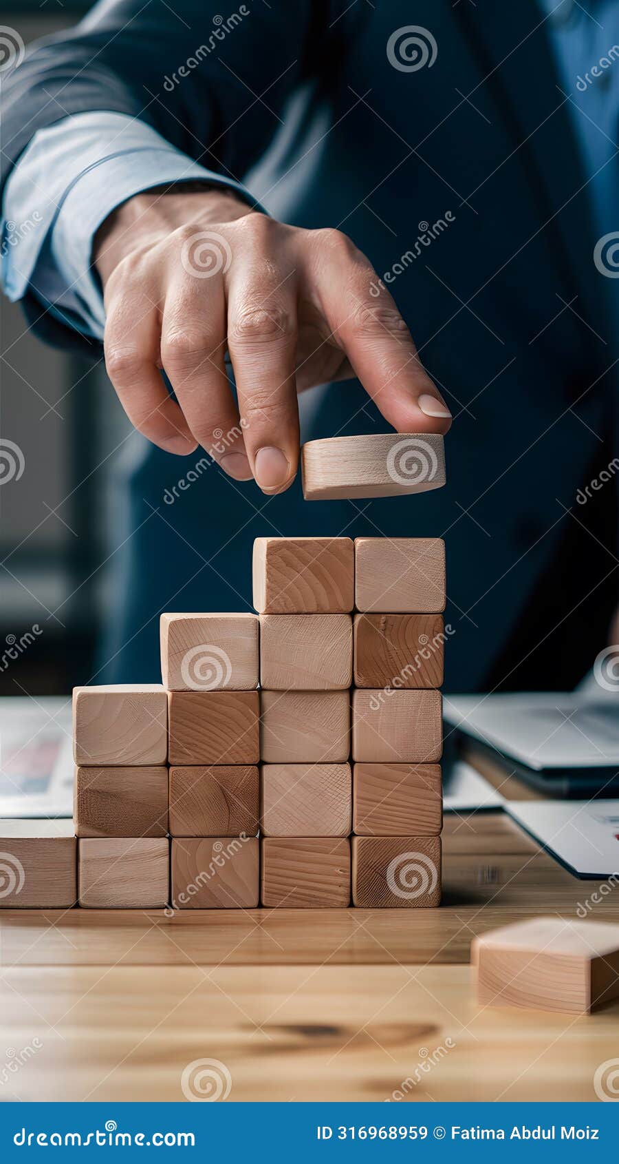 Hand Placing Wooden Block on Stack, Symbolizing Growth and Progress in ...