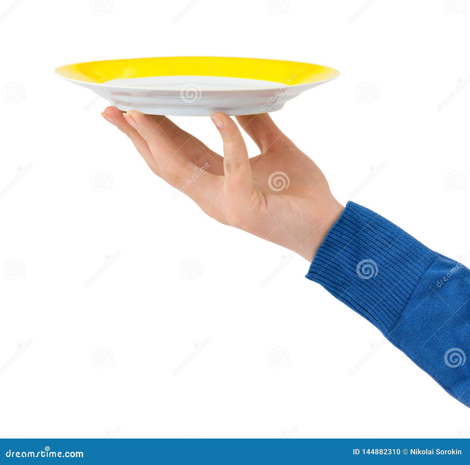 Hand with plate stock photo. Image of dinner, eating - 144882310