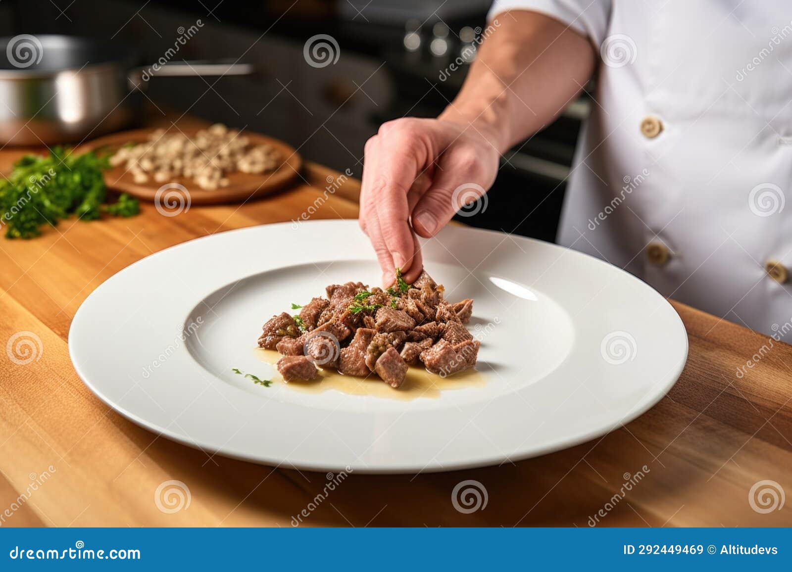 Hand Plating Beef Stroganoff Onto a White Ceramic Plate Stock ...