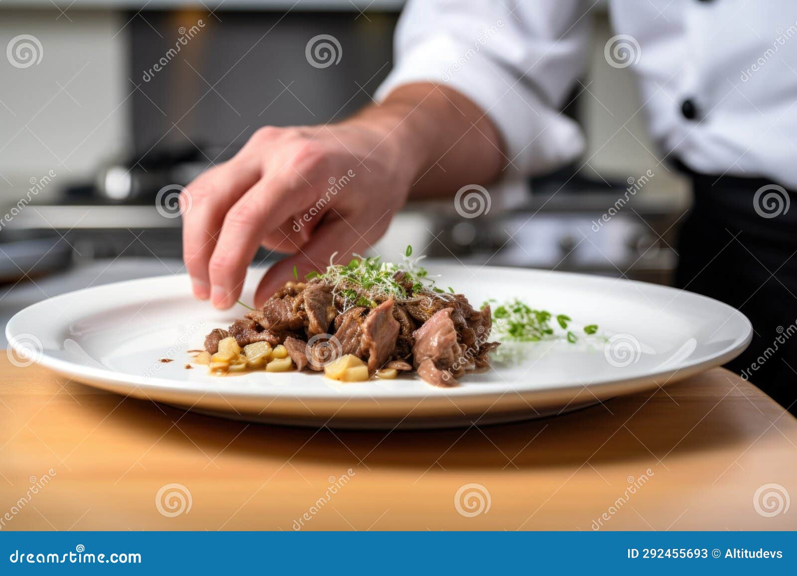 Hand Plating Beef Stroganoff Onto a White Ceramic Plate Stock ...