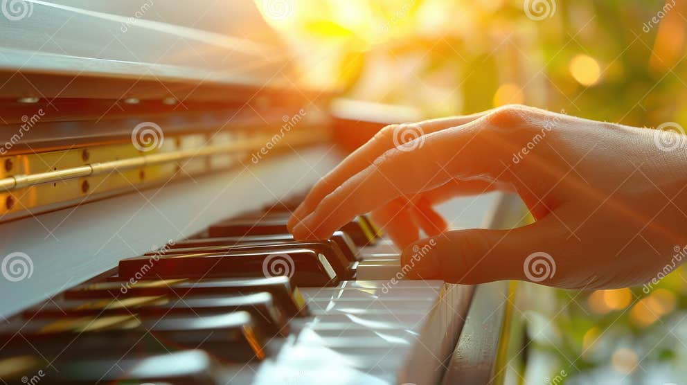A Hand is Playing a Piano with the Sun Shining on it Stock Photo ...