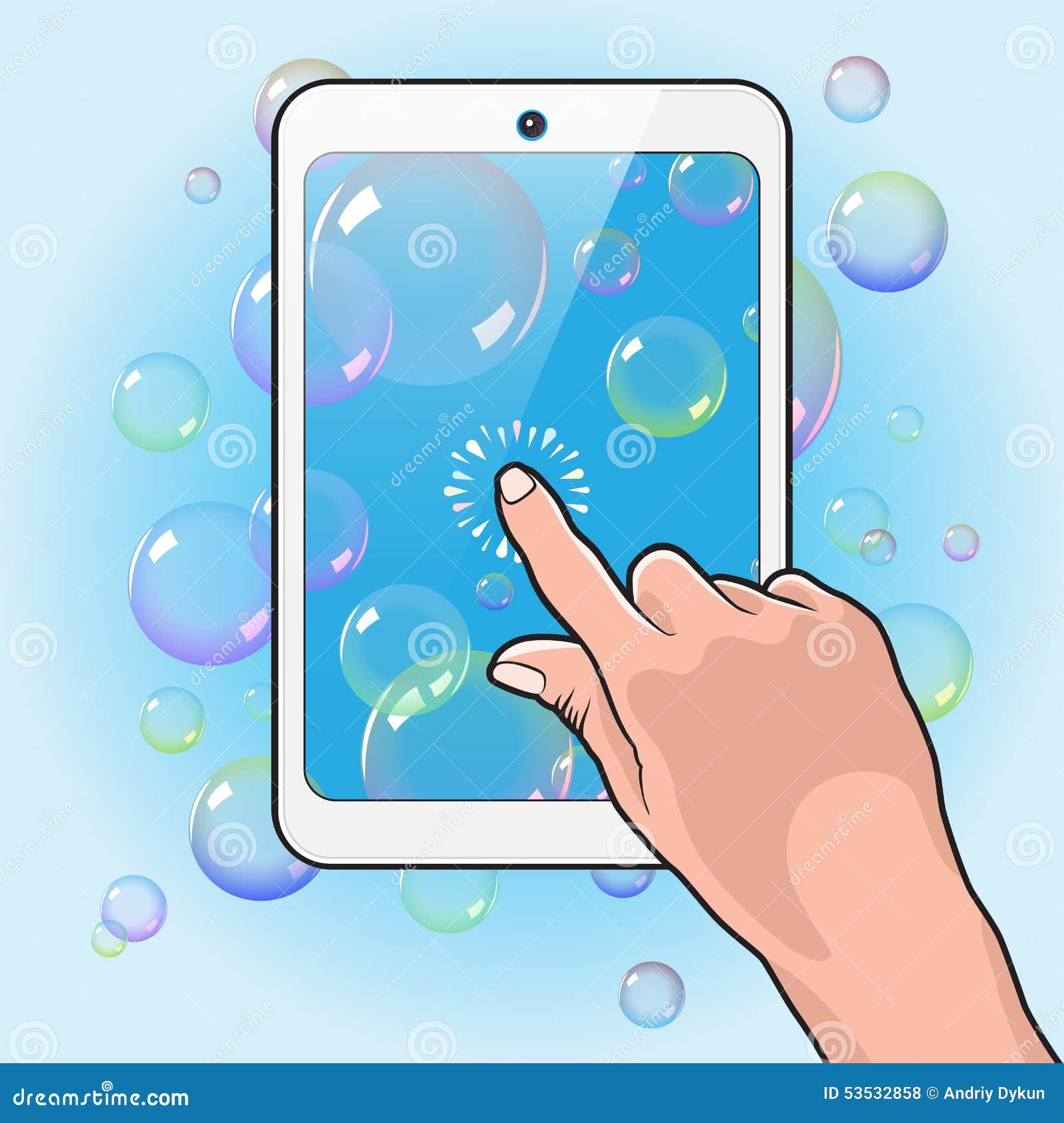 Hand Plays Bubbles Tablet stock vector. Illustration of gadget - 53532858