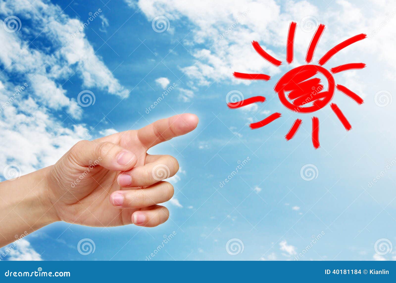 Hand Point the Cartoon Sun in the Sky Stock Photo - Image of color ...