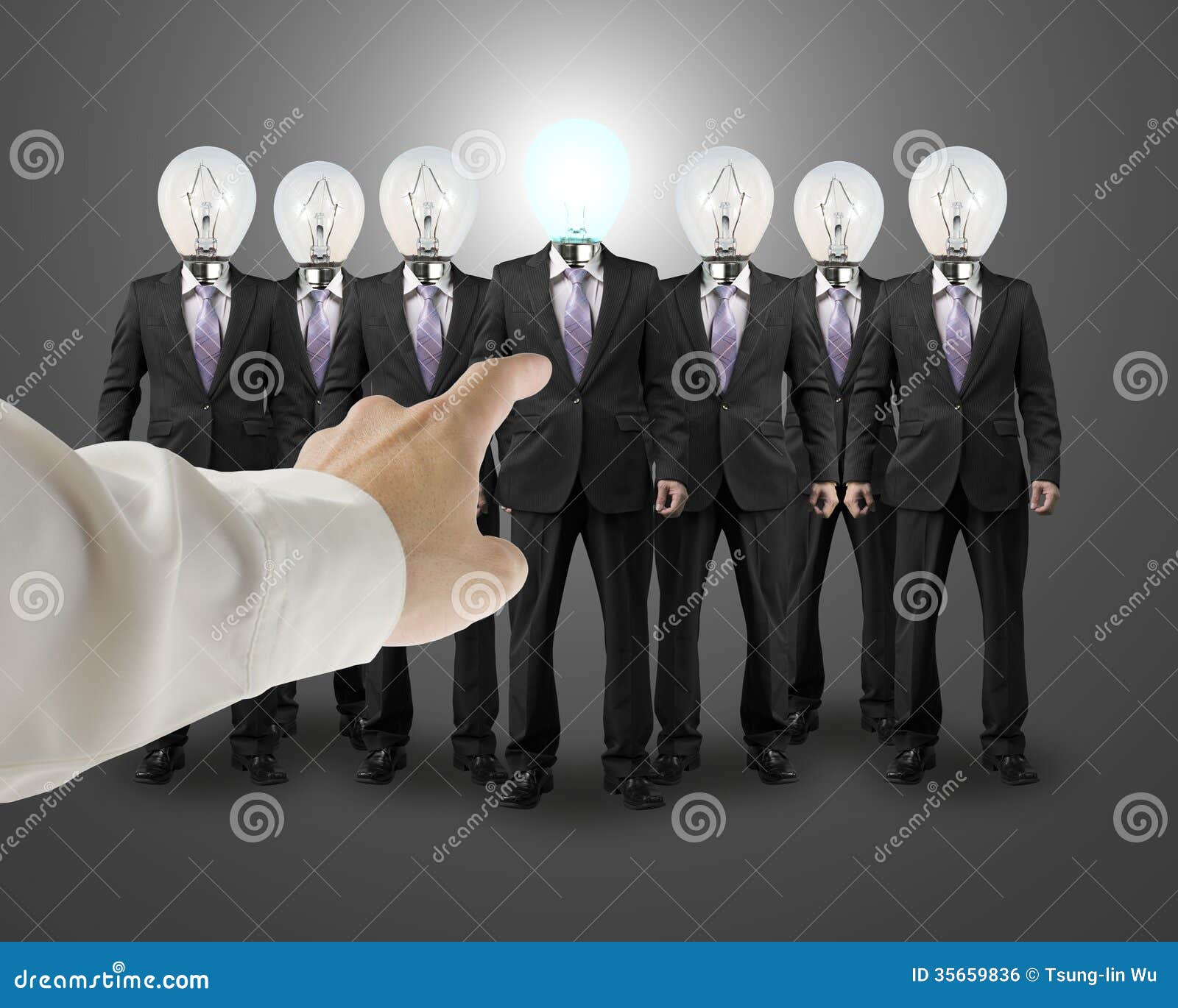 Hand Point Out One Businessman with Lighting Bulb Head Stock Photo ...