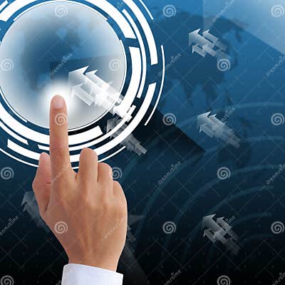 Hand Point on Visual Technology Screen Background Stock Illustration ...