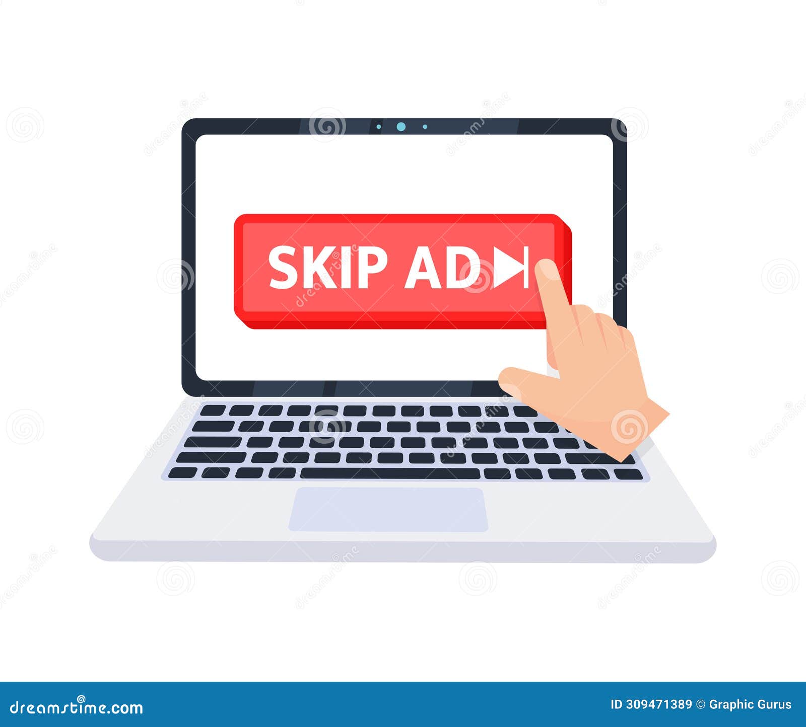 Hand Pointer Clicking on a Skip Ad Button on a Laptop Screen. Vector ...