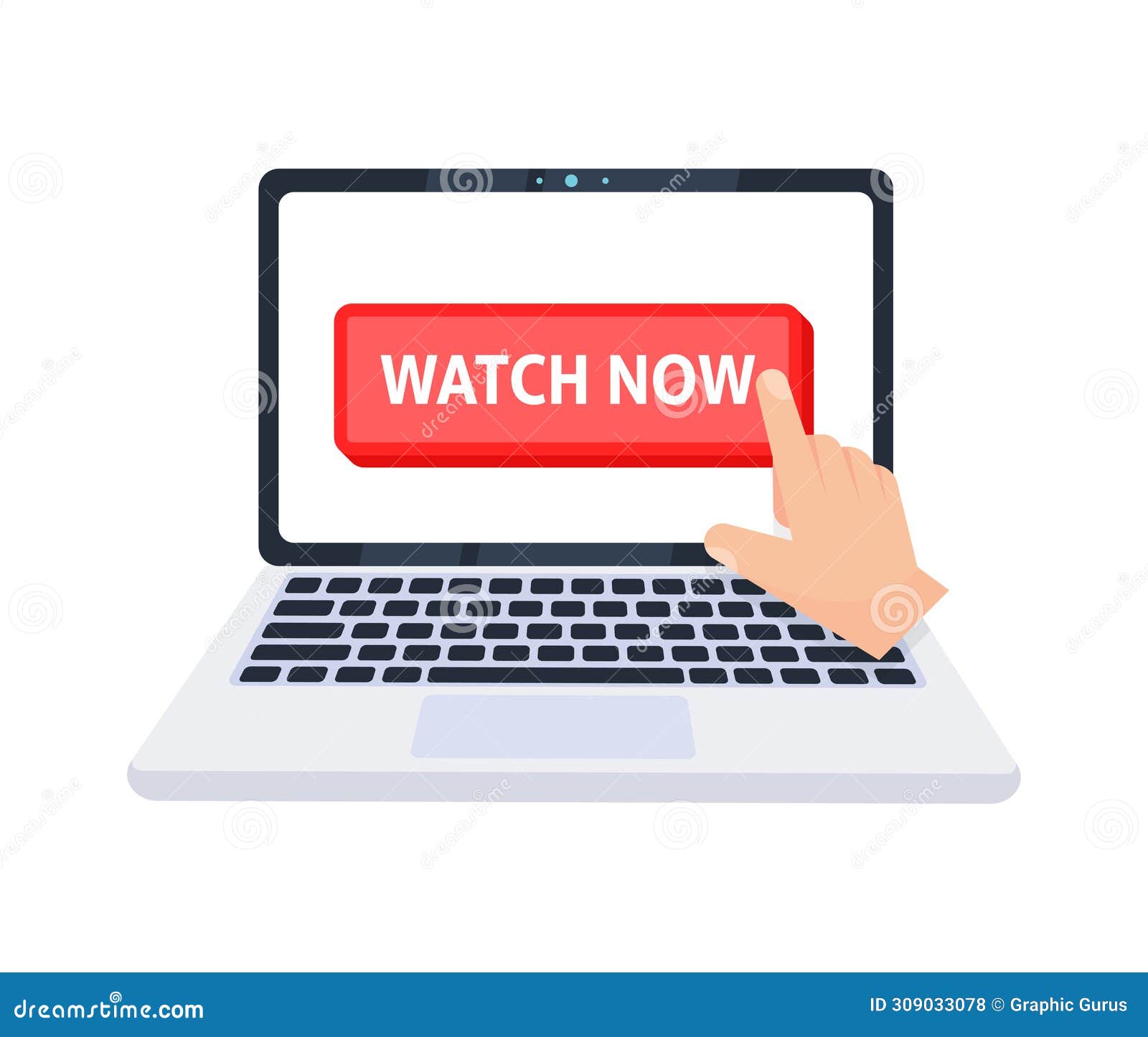 Hand Pointer Clicking on a Watch Now Button on a Laptop Screen. Vector Illustration Stock Vector ...