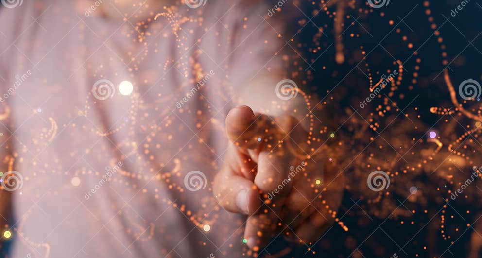 Hand Pointing at Abstract Floating Dots. Internet Connection, Network ...