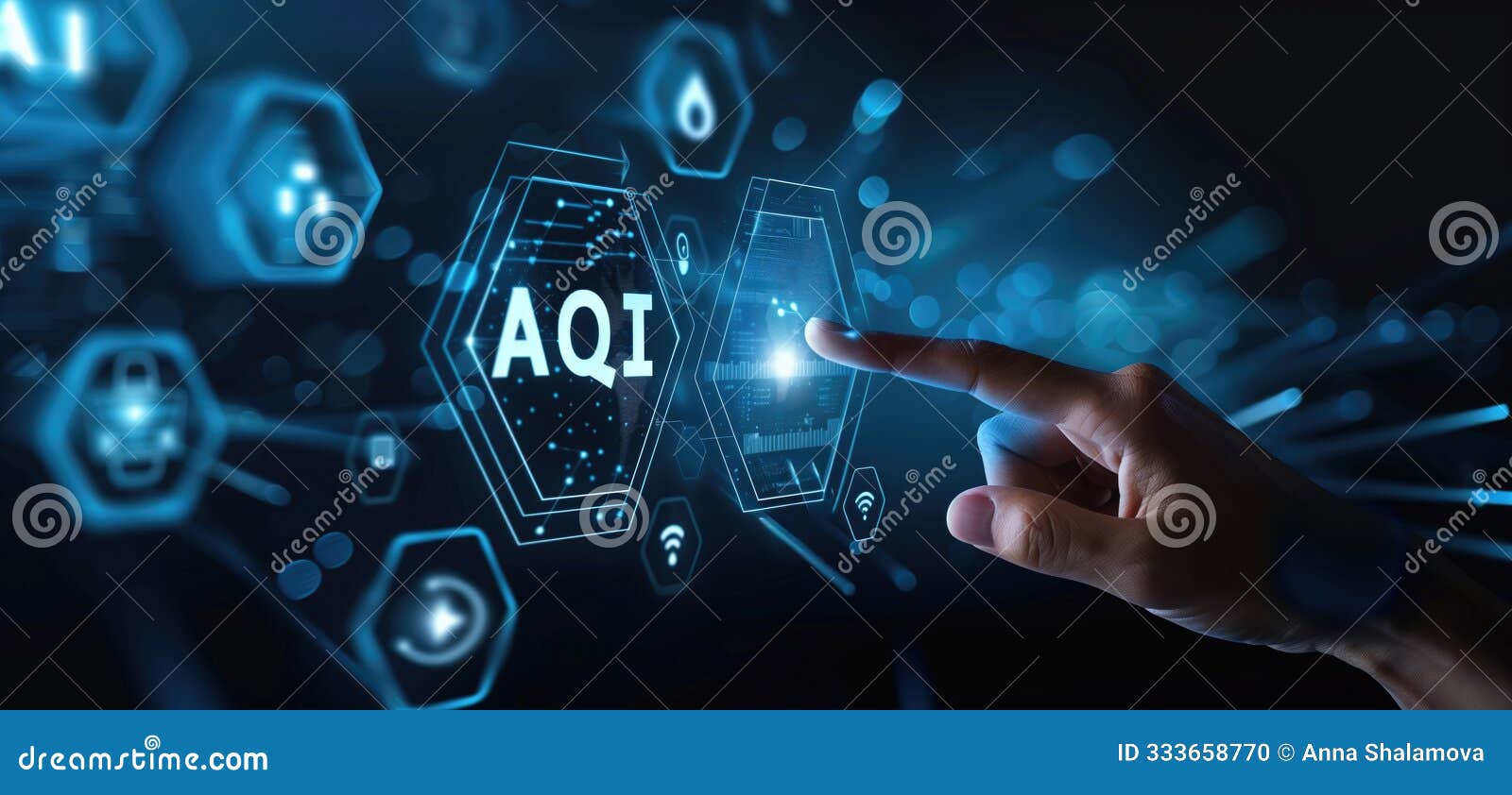 Hand Pointing at Air Quality Index (AQI) Screen with Futuristic Digital ...