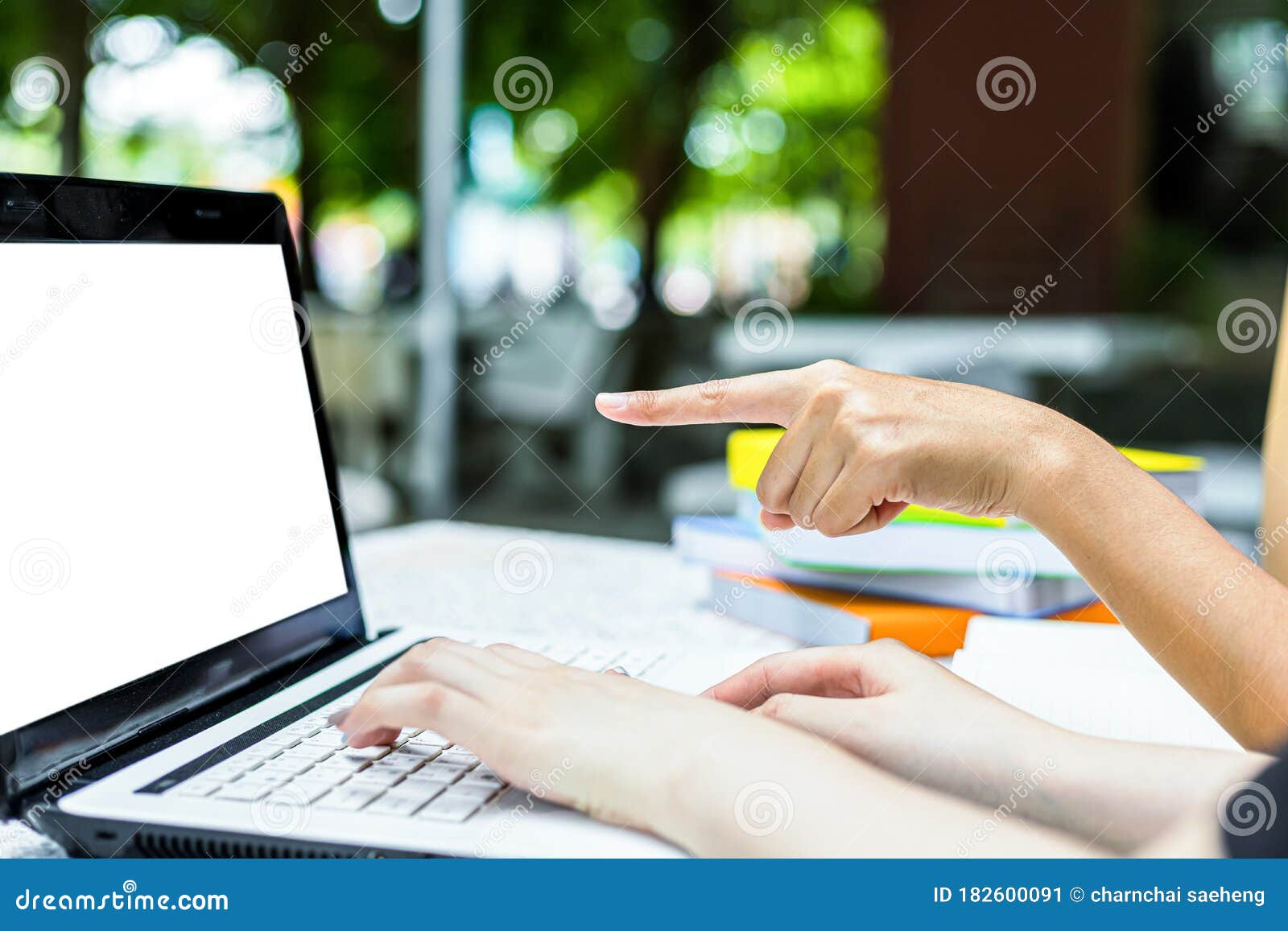 Hand Pointing at Blank Screen of Laptop. Using Computer Pc Stock Image ...