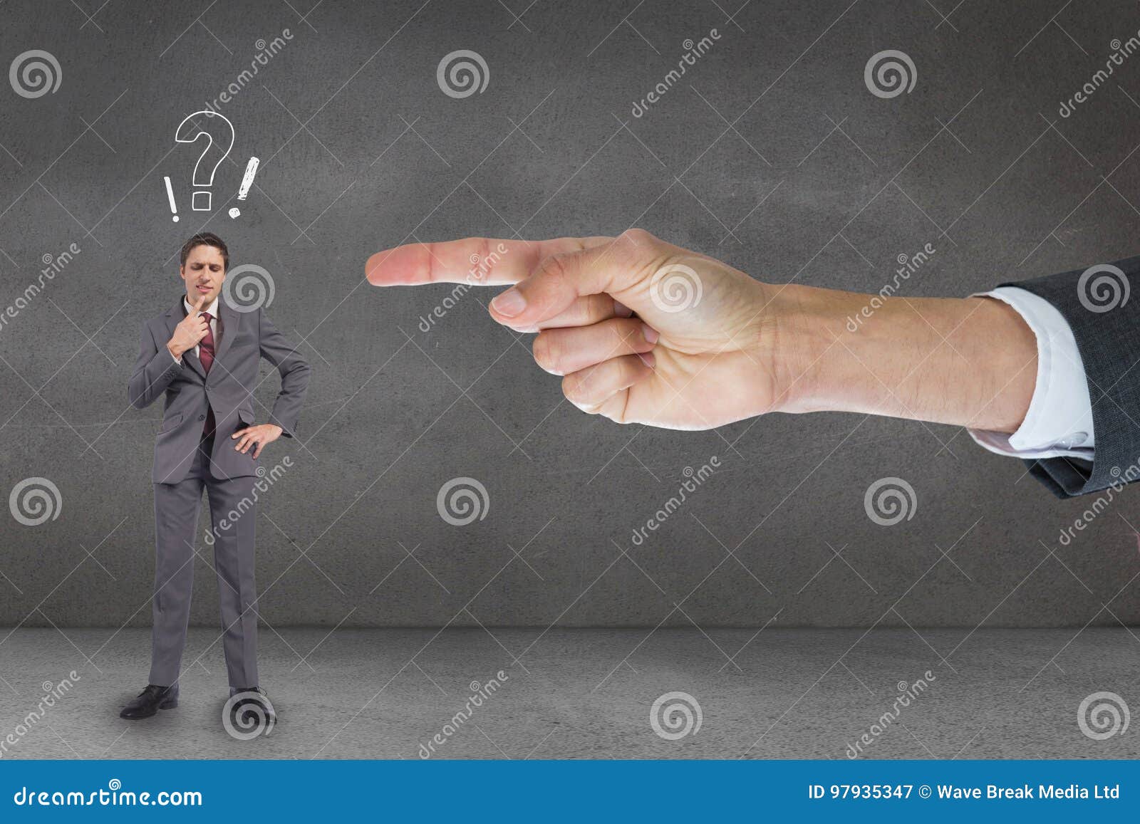 Hand Pointing at Business Man Against Grey Background with Question and ...