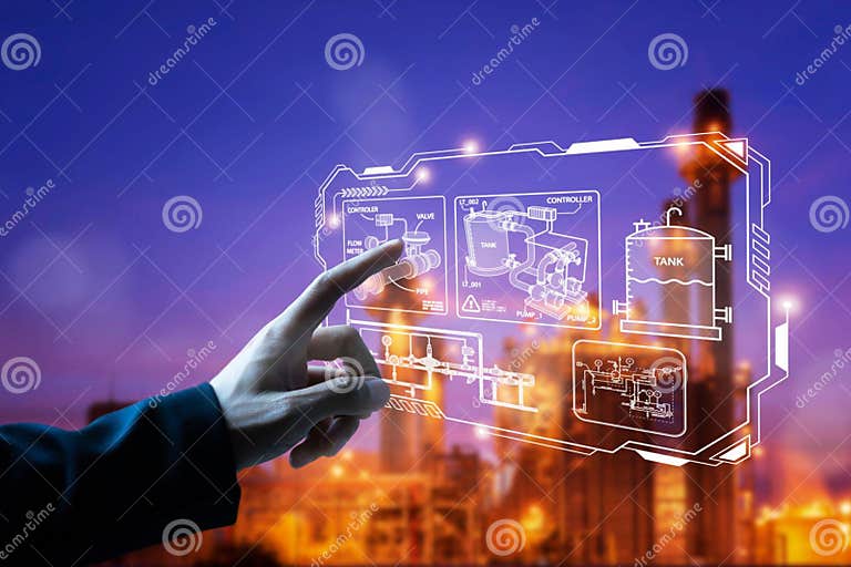 A Hand Pointing at a Cooling Control Panel with a Large Power Plant in ...