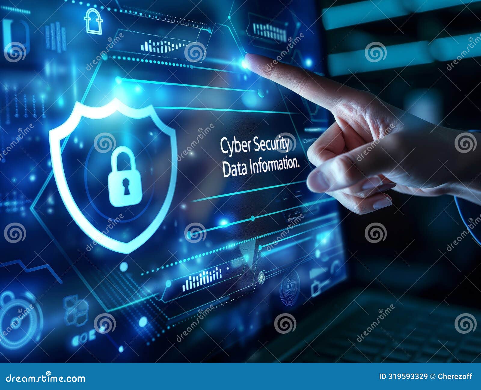 Hand Pointing at Cyber Security Interface Stock Illustration ...